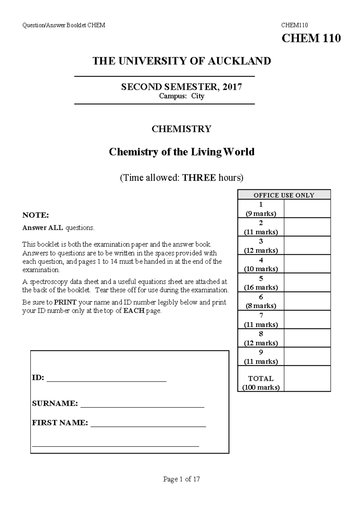 CHEM110 2017 SC Exam - Chem 20017 exam - Question/Answer Booklet CHEM ...