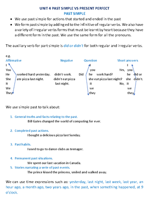 Unit 4 Present perfect vs Past simple - UNIT 4 PAST SIMPLE VS PRESENT PERFECT PAST SIMPLE We use ...