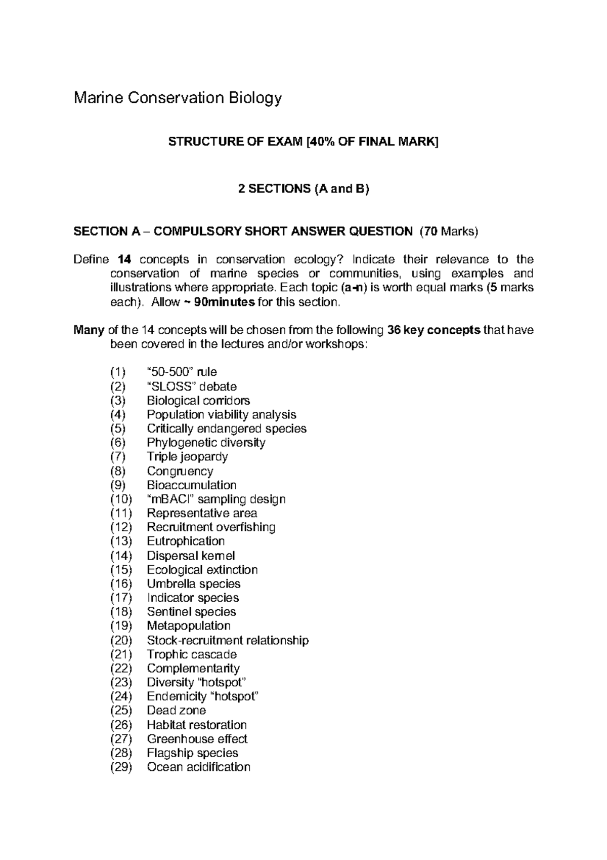 Exam structure and study questions - Marine Conservation Biology ...
