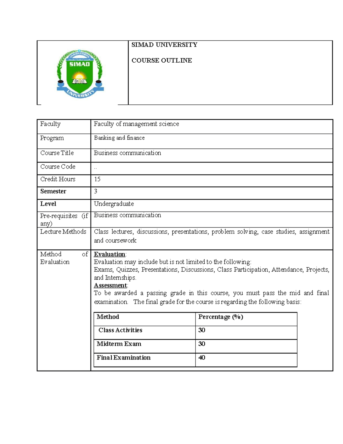 Course Outline of Business communication - SIMAD UNIVERSITY COURSE ...
