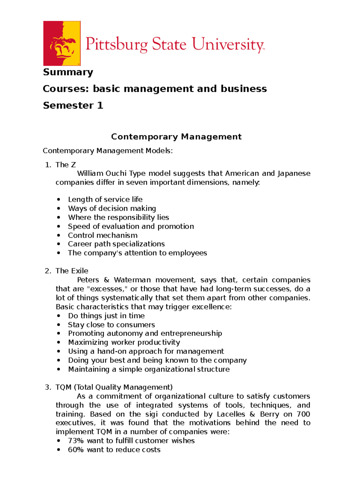Summary of Contemporary Management material - Summary Courses: basic ...