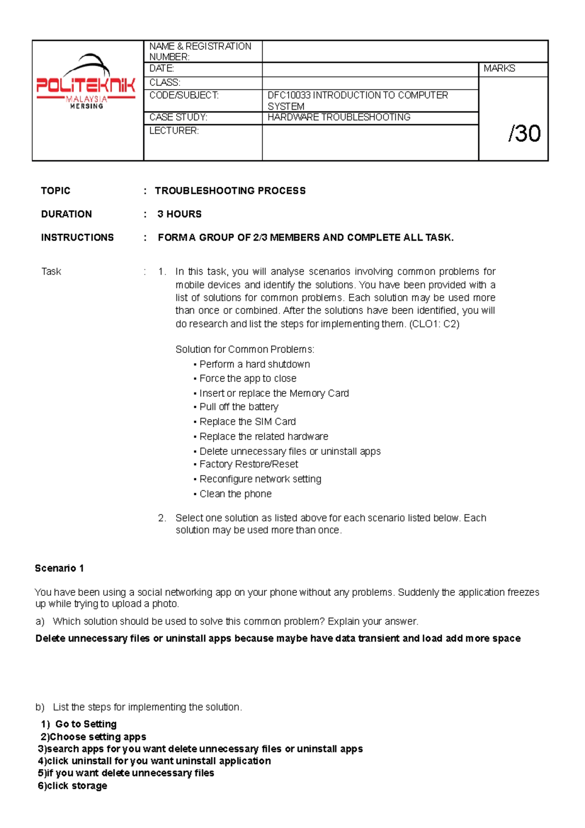 Mobile device aa - hhhhh - NAME & REGISTRATION NUMBER: DATE: MARKS ...
