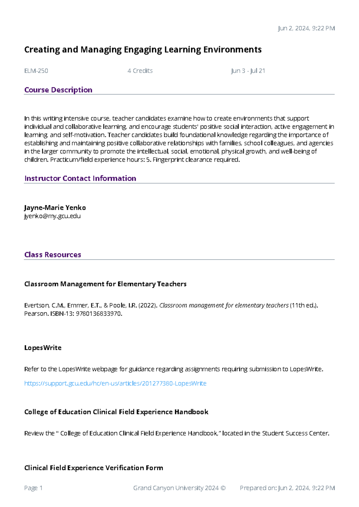 Syllabus ELM-250-O501-20240603 - Jun 2, 2024, 9:22 PM Creating and Managing Engaging Learning ...