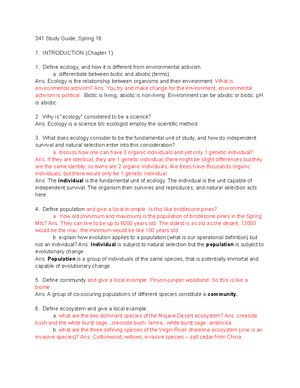 Ecology EXAM 1 Chapter 1 Guide - ECOLOGY EXAM 1 CHAPTER 1 GUIDE ...
