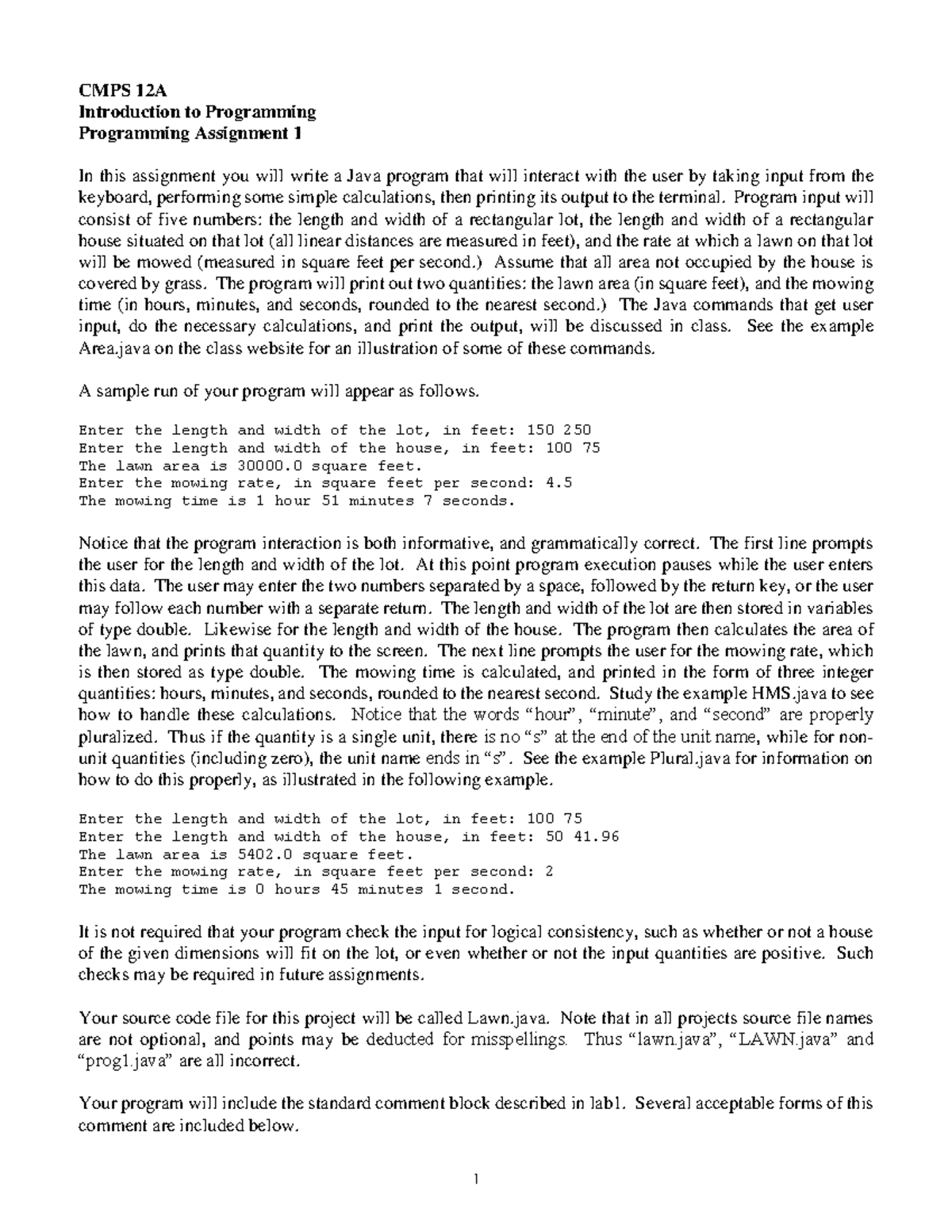 Pa1 - pa1 - CMPS 12A Introduction to Programming Programming Assignment 1 In this assignment you ...