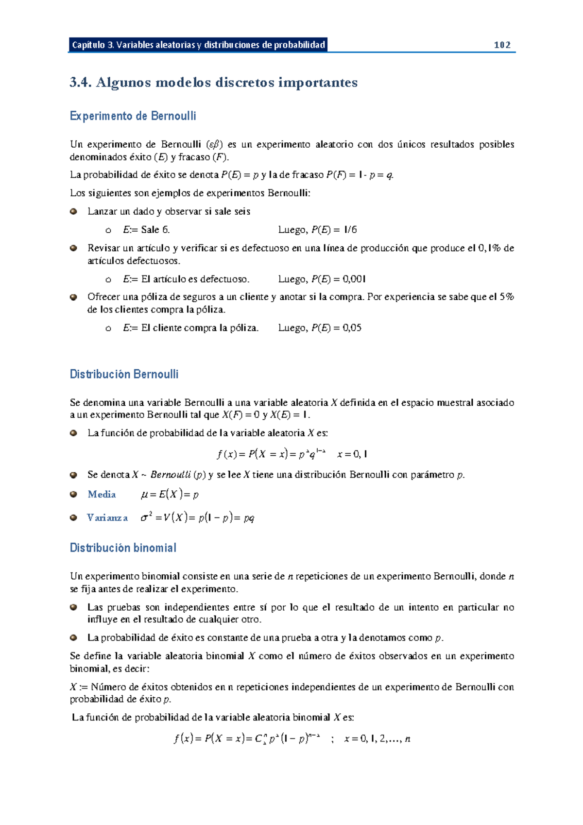 Modelos Discretos - 102 Capítulo 3. Variables aleatorias y distribuciones de probabilidad 3 ...
