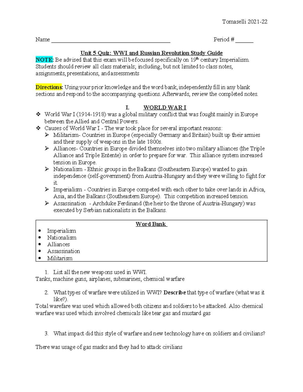 Unit 5 Quiz WWI and Russian Revolution Study Guide - Name