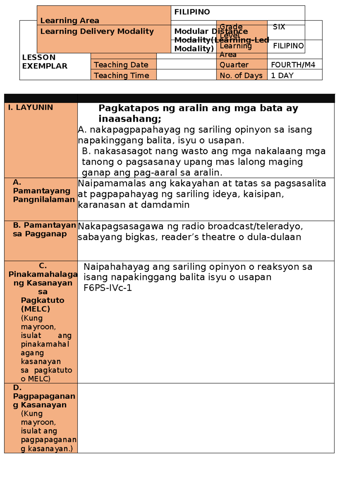 Filipino q4 - LESSON EXEMPLAR School Grade Level SIX Teacher Learning ...