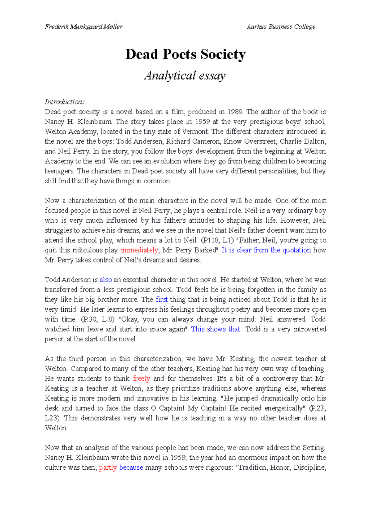 Dead Poets Society analytical essay - Frederik, Med linkers - Frederik ...
