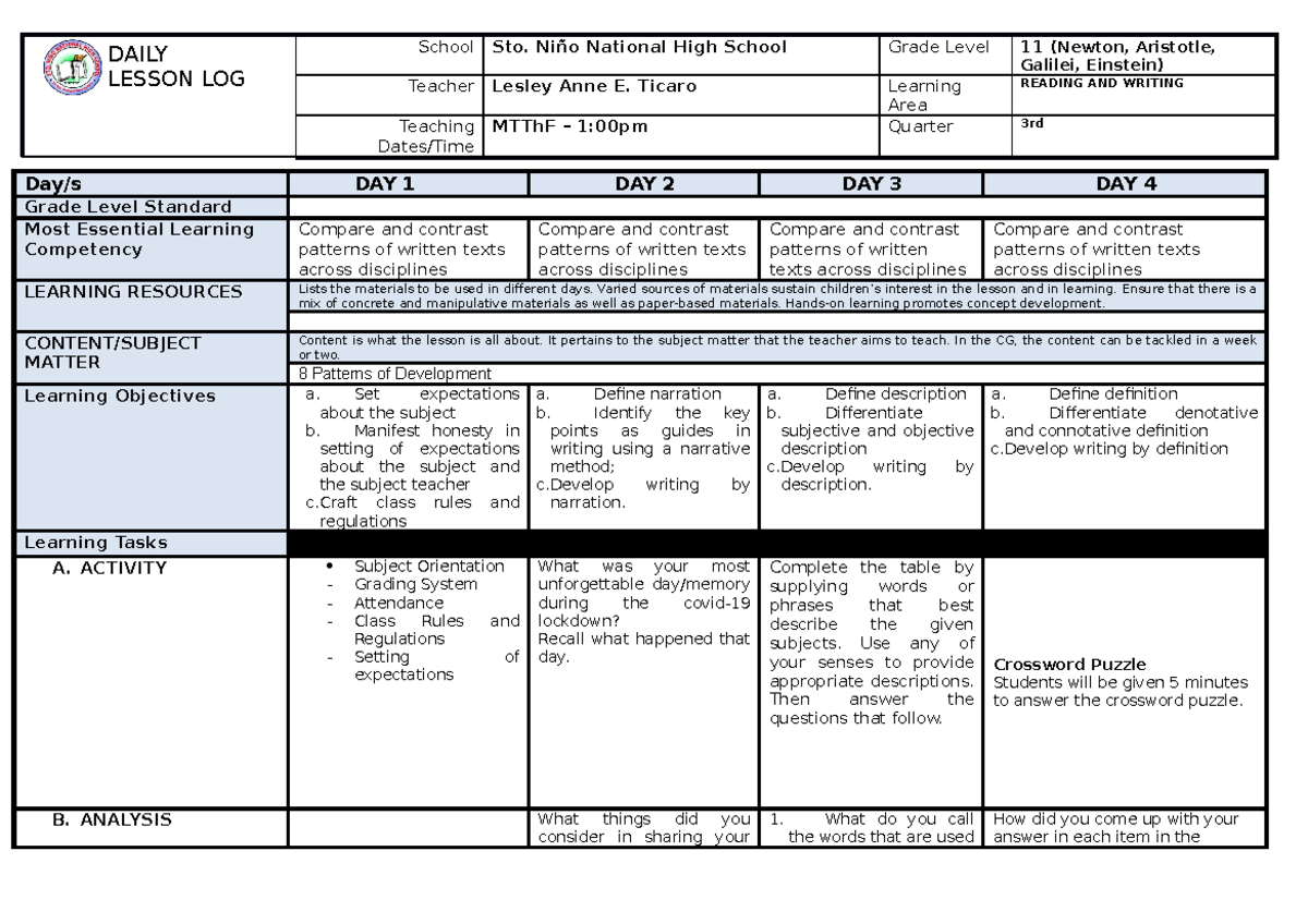 2nd Sem (Week 1) - DLL for Reading and Writing - School Sto. Niño ...