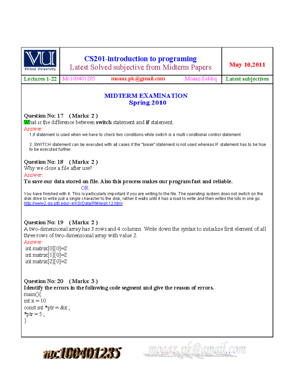 CS201-midterm subjectives solved with references by moaaz - - Studocu
