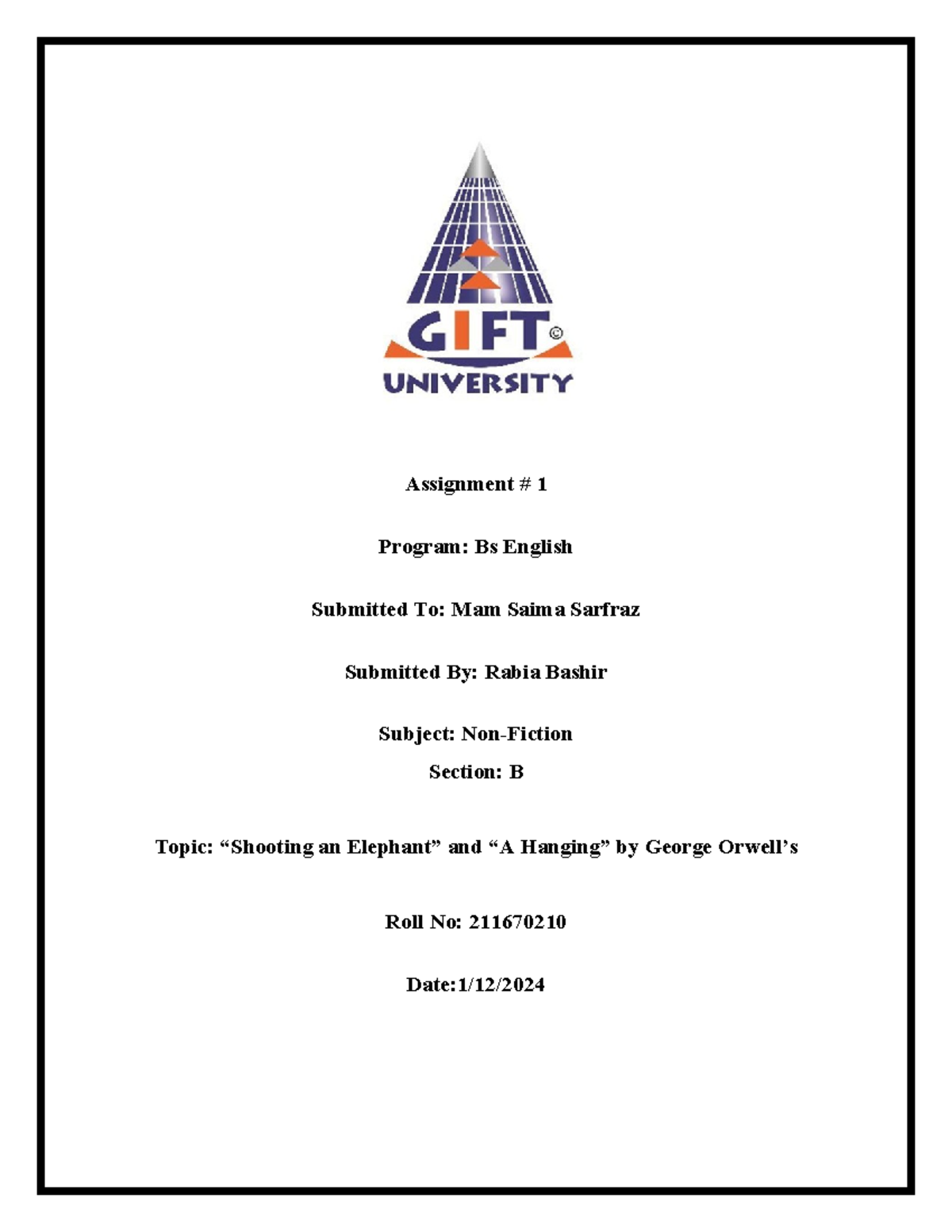 Rabia bashir 211670210 - Assignment # 1 Program: Bs English Submitted ...