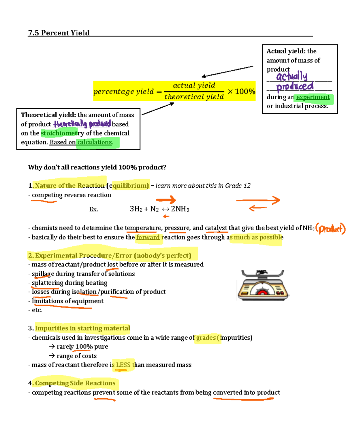 7.5 Class Notes - 7 Percent Yield 𝑝𝑒𝑟𝑐𝑒𝑛𝑡𝑎𝑔𝑒 𝑦𝑖𝑒𝑙𝑑 = 𝑎𝑐𝑡𝑢𝑎𝑙 𝑦𝑖𝑒𝑙𝑑 ...