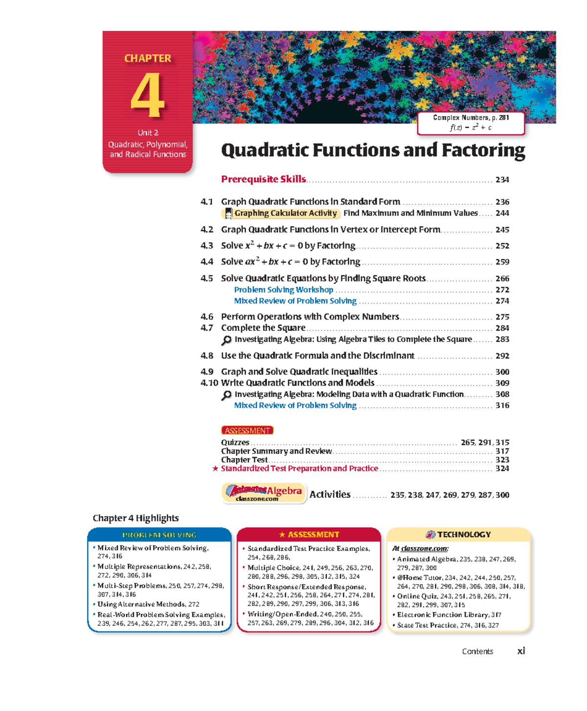 Algebra 2 ebook Ch 4-1-1 - Contents xi ####### Quadratic Functions and Factoring Prerequisite ...