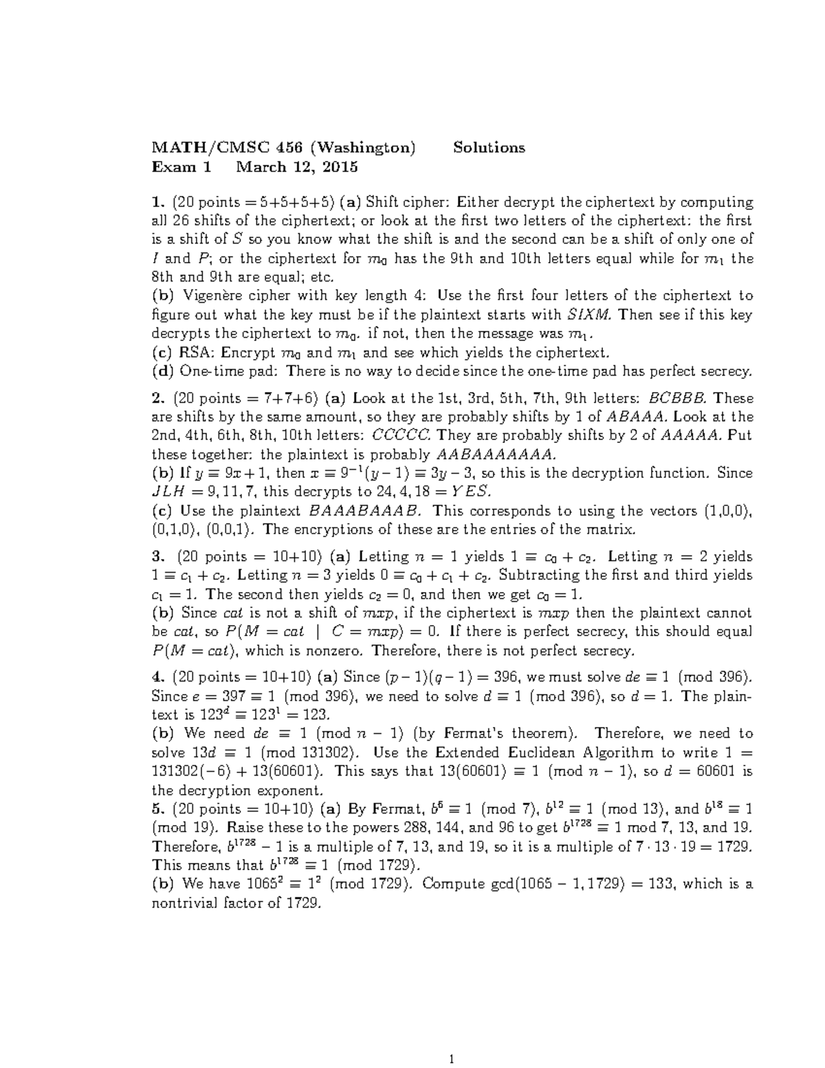 456Eone2015 a Solns - MATH/CMSC 456 (Washington) Solutions Exam 1 March ...