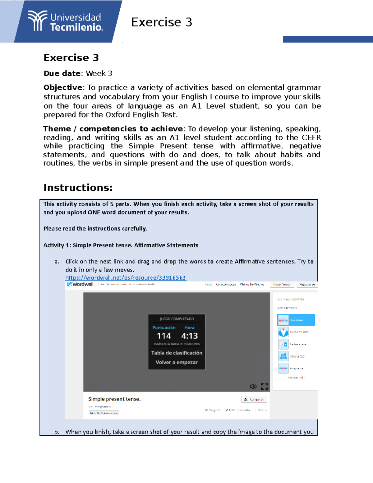 Exercise 3 - actividad de ingles II - Exercise 3 Due date: Week 3 ...