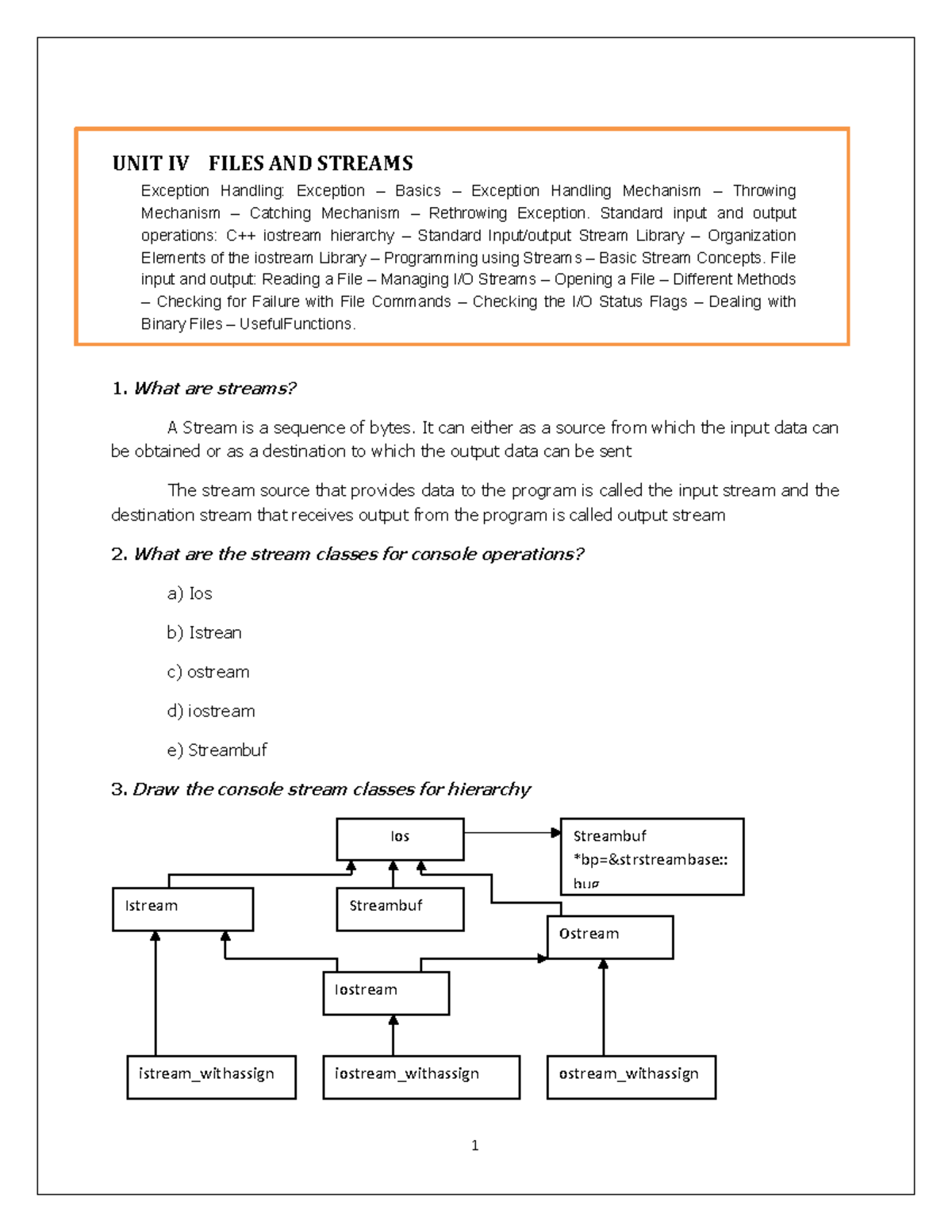 C++ Unit IV - C++ notes - UNIT IV FILES AND STREAMS Exception Handling ...