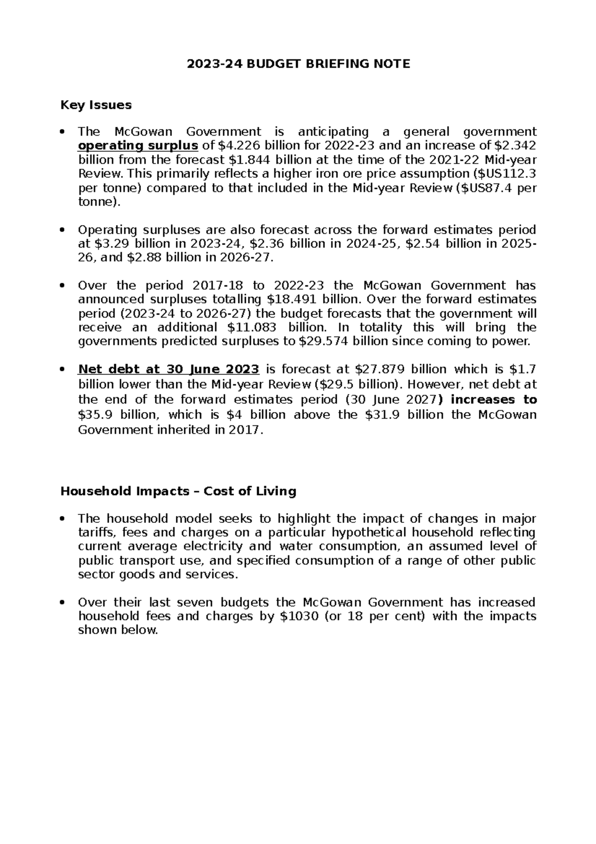 2023-24 Budget Briefing Note - 2023-24 BUDGET BRIEFING NOTE Key Issues ...