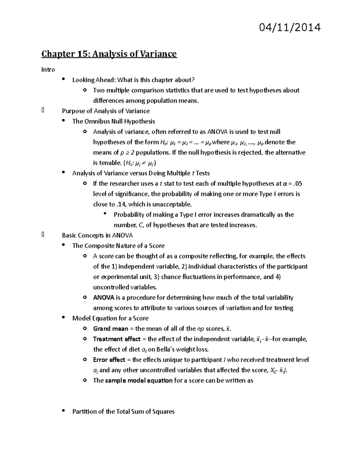 PSY 2402 - Ch 15 Outline - Chapter 15: Analysis of Variance Intro ...