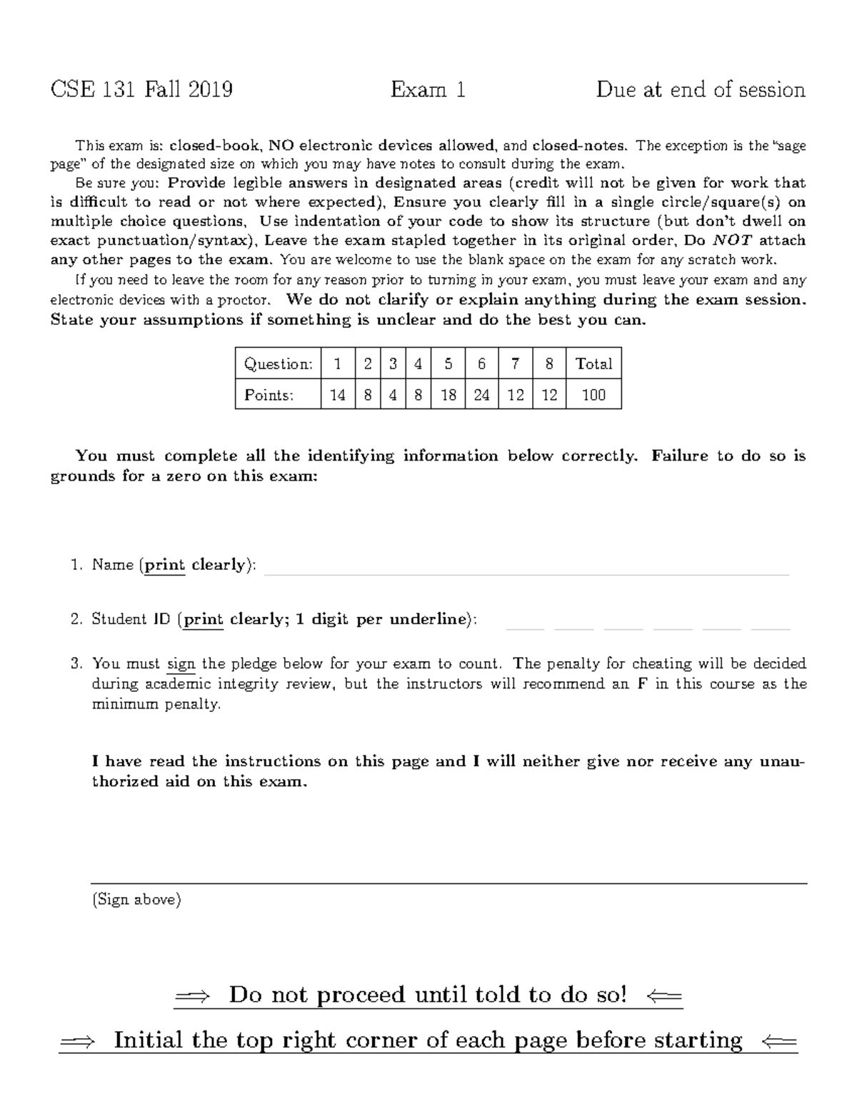 Exam Cover - CSE 131 Fall 2019 Exam 1 Due at end of session This exam is: closed-book, NO ...