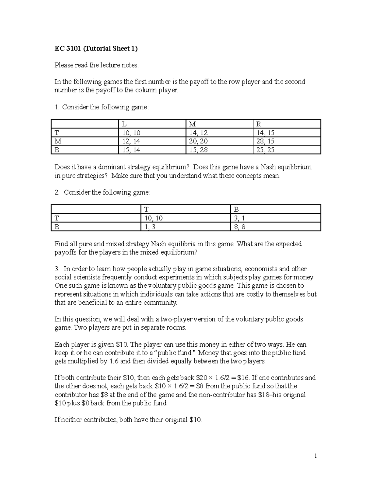 Econ sheet 1 (1) - EC 3101 (Tutorial Sheet 1) Please read the lecture ...