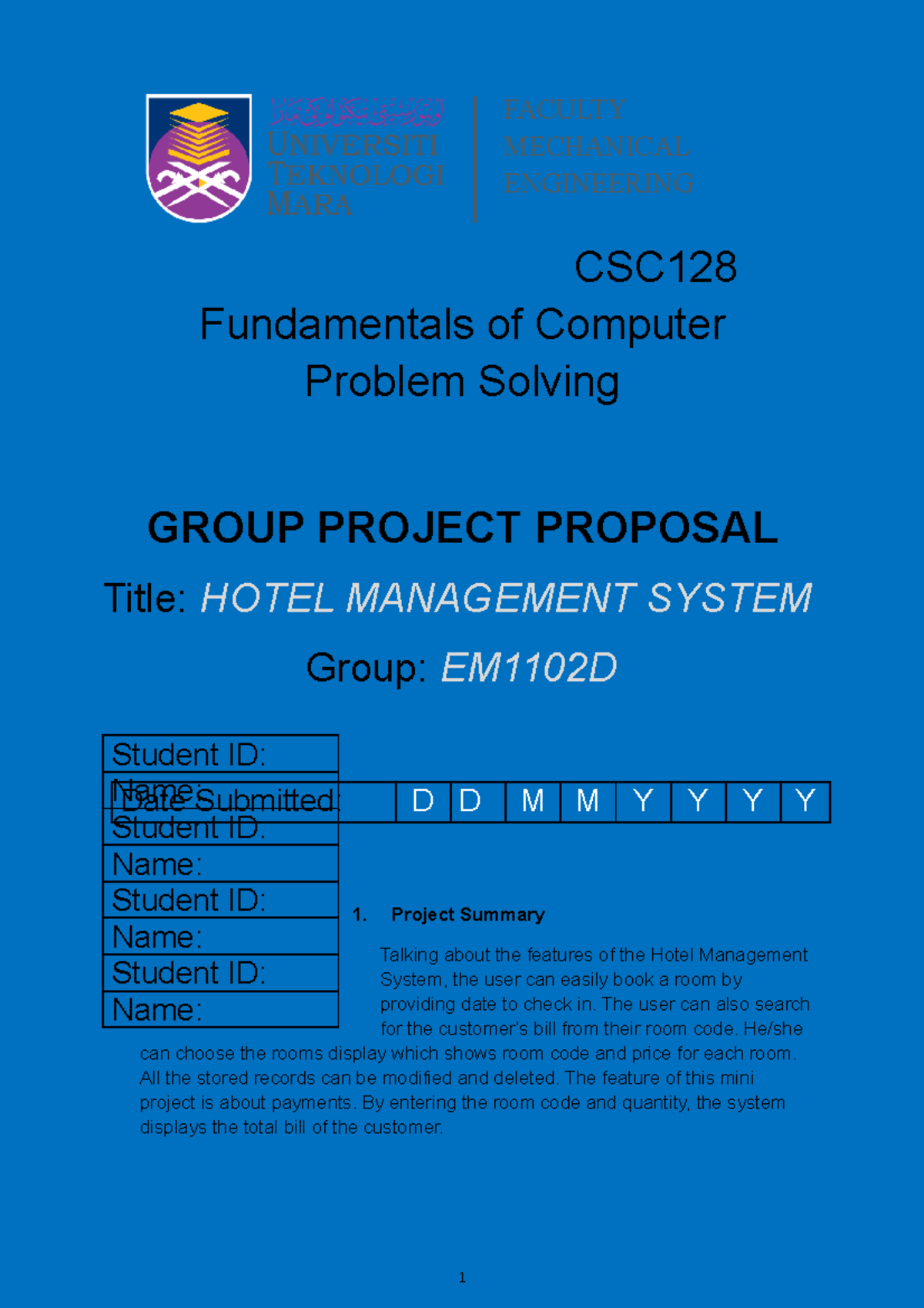 CSC128 Mini Project Proposal - Mechanical Engineering - UiTM - Studocu