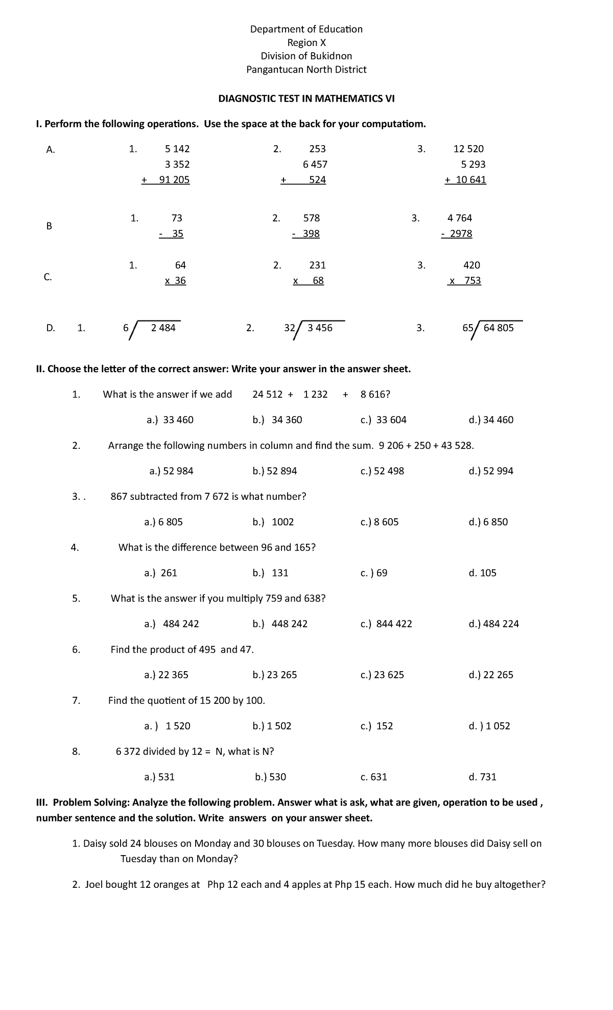 Math diagnostic test grade VI - Department of Education Region X ...