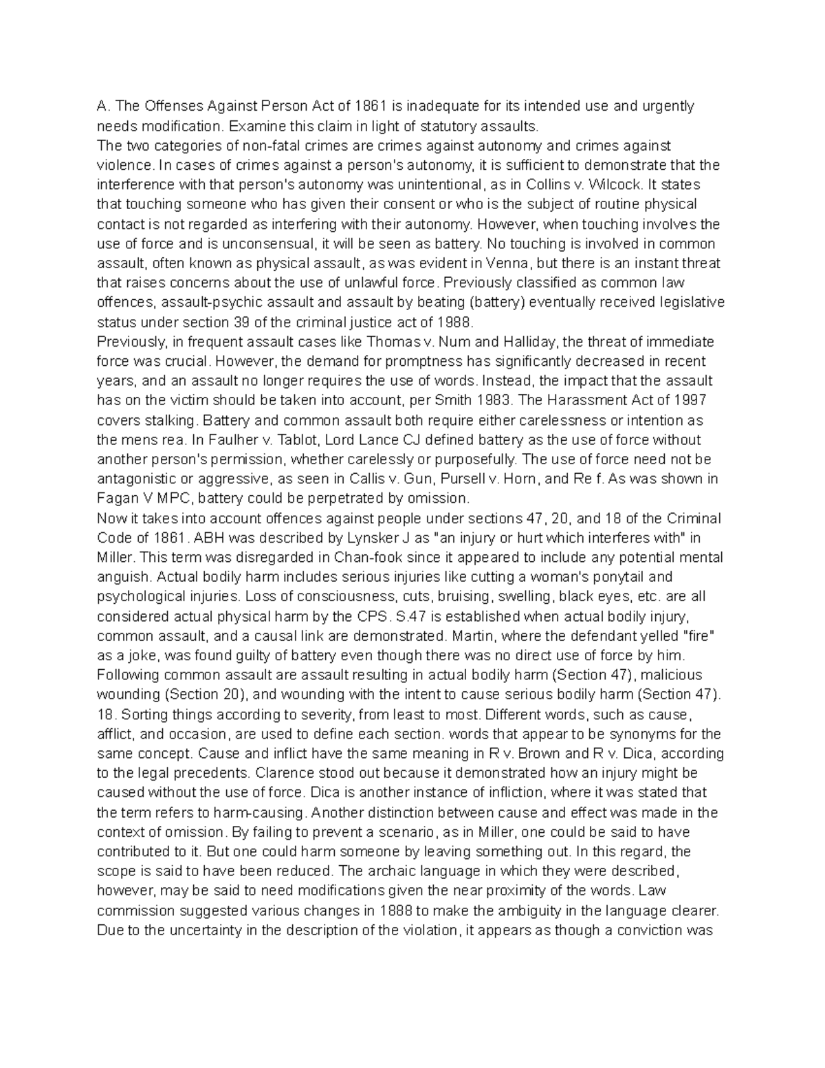 OAPA - A. The Offenses Against Person Act of 1861 is inadequate for its ...