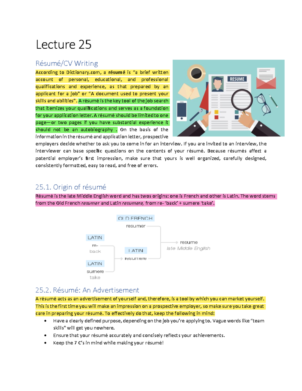 HUM102 Handouts Lecture 25 - Lecture 25 Résumé/CV Writing According to ...