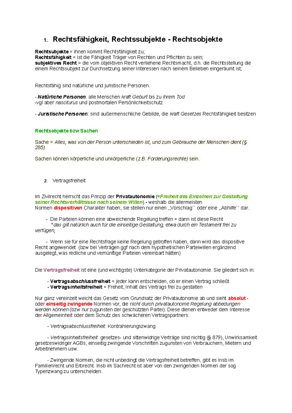 Teil2 - ZF Zivilrecht AT - 1. Rechtsfähigkeit, Rechtssubjekte ...
