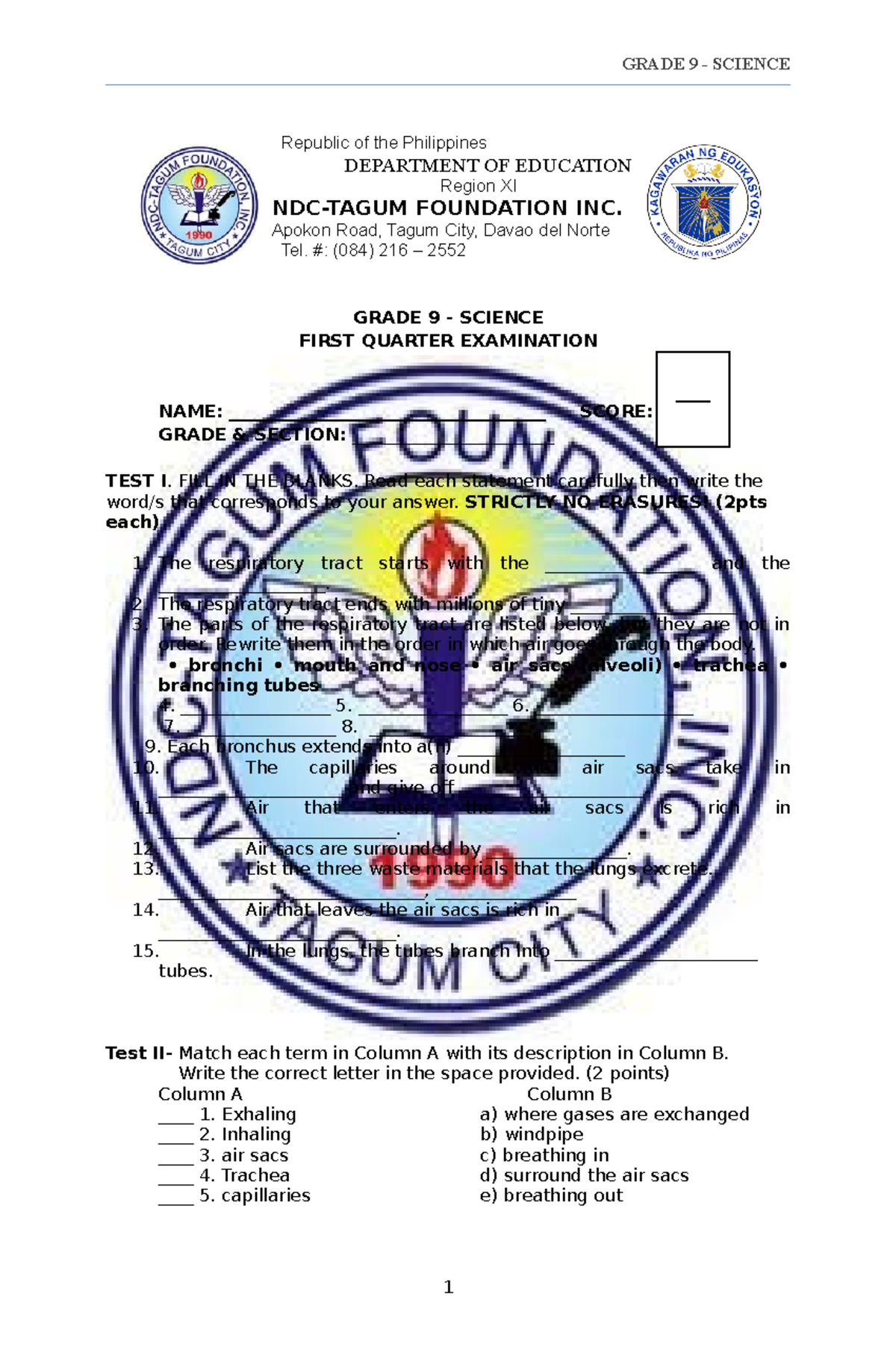 1ST Quarter Grading EXAM-G 9 - GRADE 9 - SCIENCE Republic of the ...