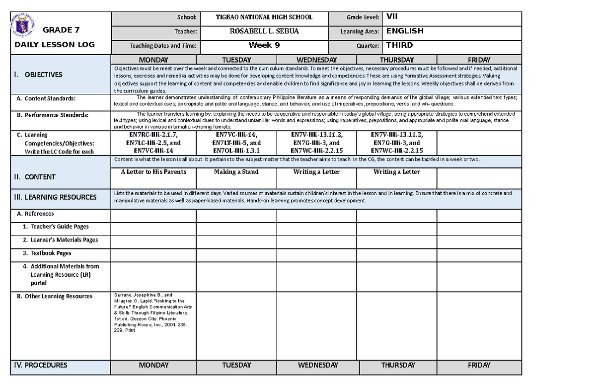 DLL 3rd Qrtr Week 9 - Daily Lesson Logs for Grade 7 - GRADE 7 DAILY ...