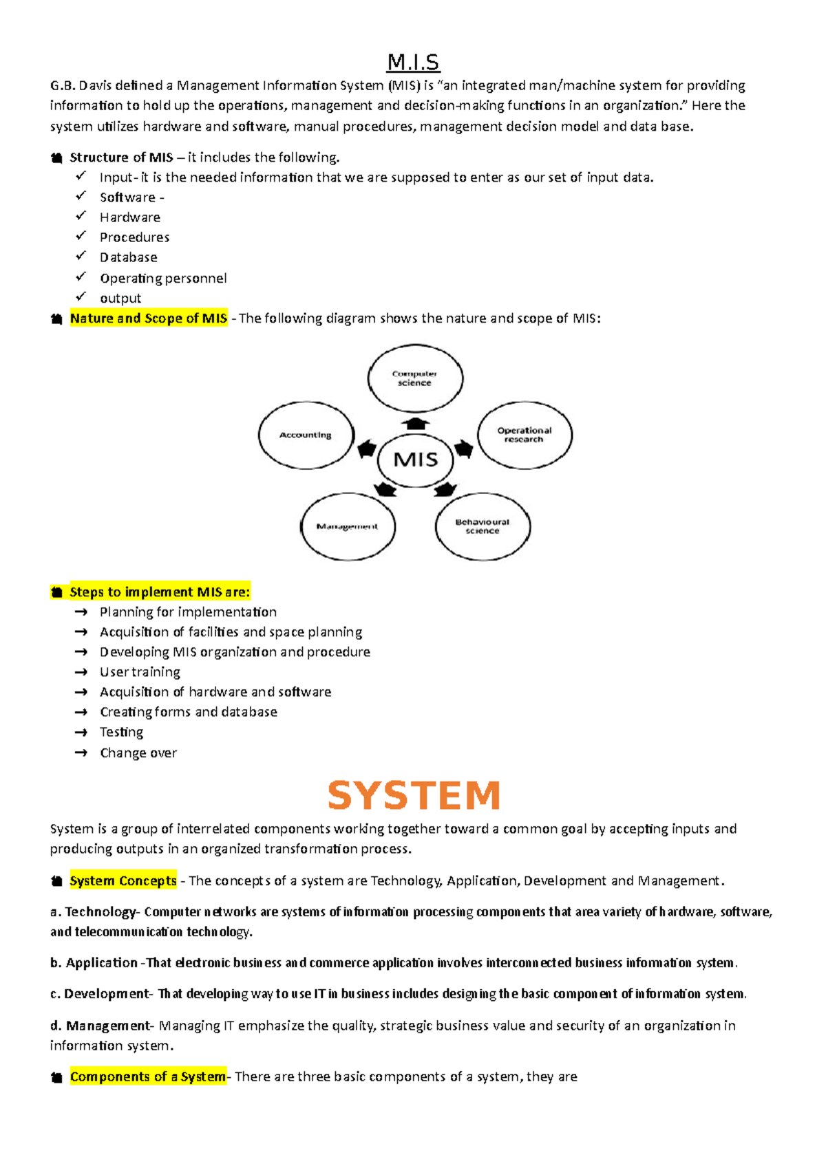 Mis - A detailed notes on mis - M.I G. Davis defined a Management ...