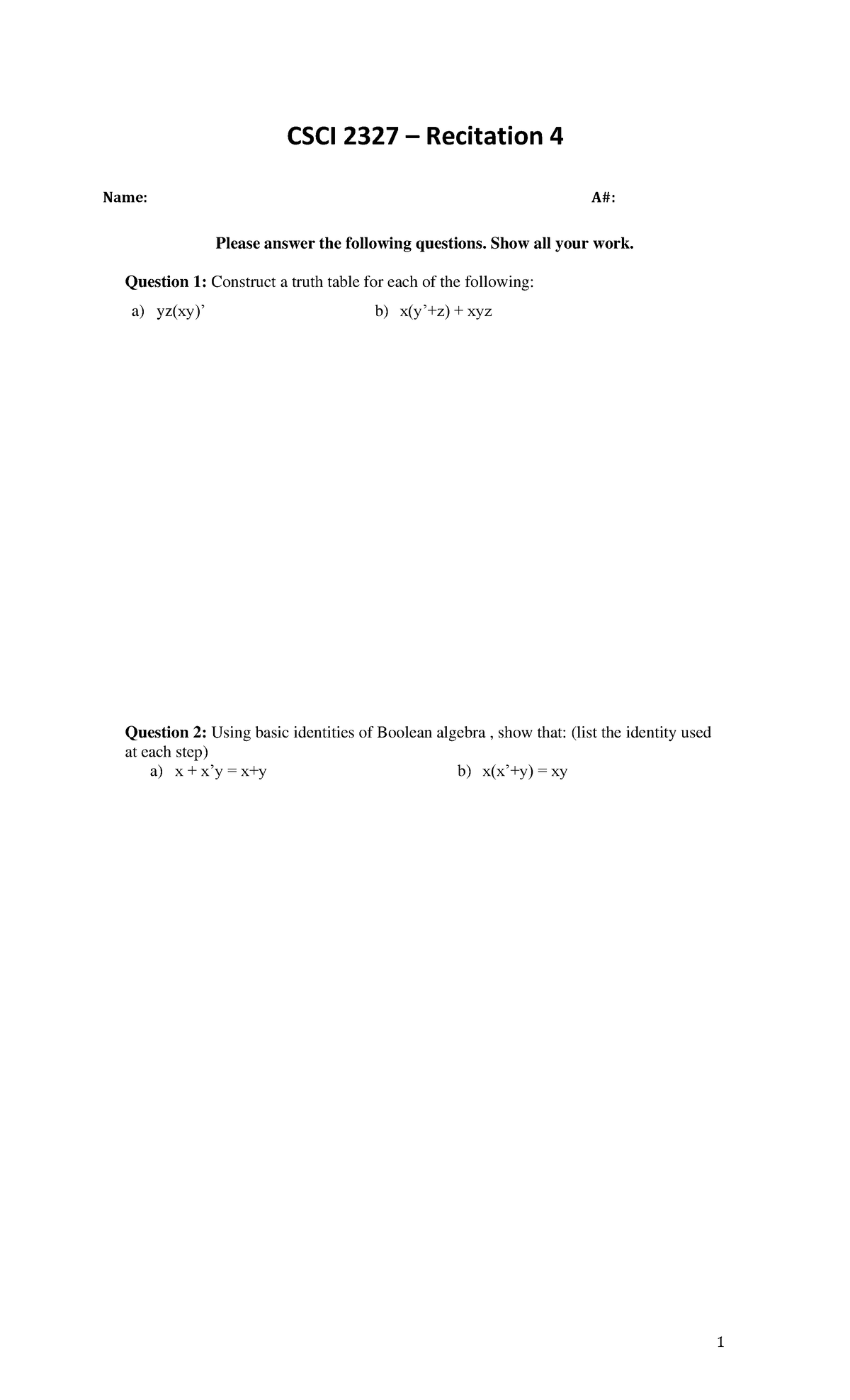 CSCI 2327 - Recitation 4 - 1 CSCI 2327 – Recitation 4 Name: A#: Please answer the following ...