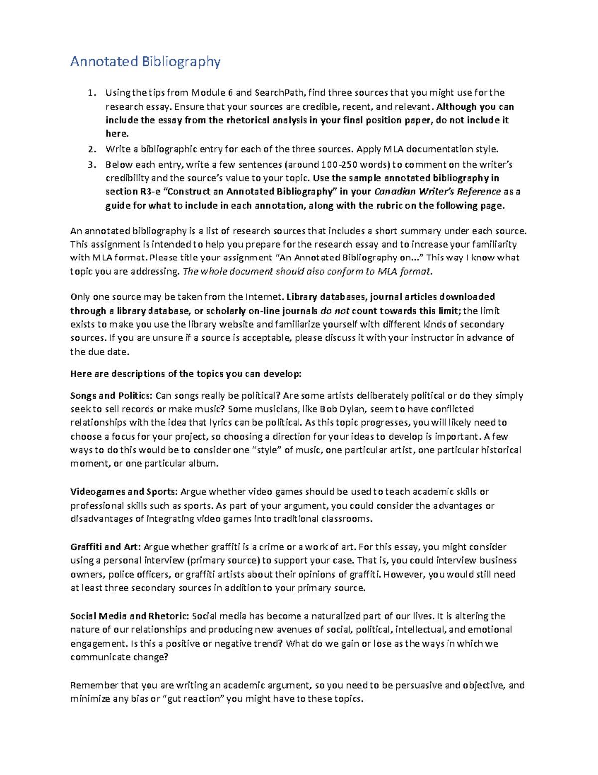 Annotated Bibliography Assignment Instructions - Annotated Bibliography ...