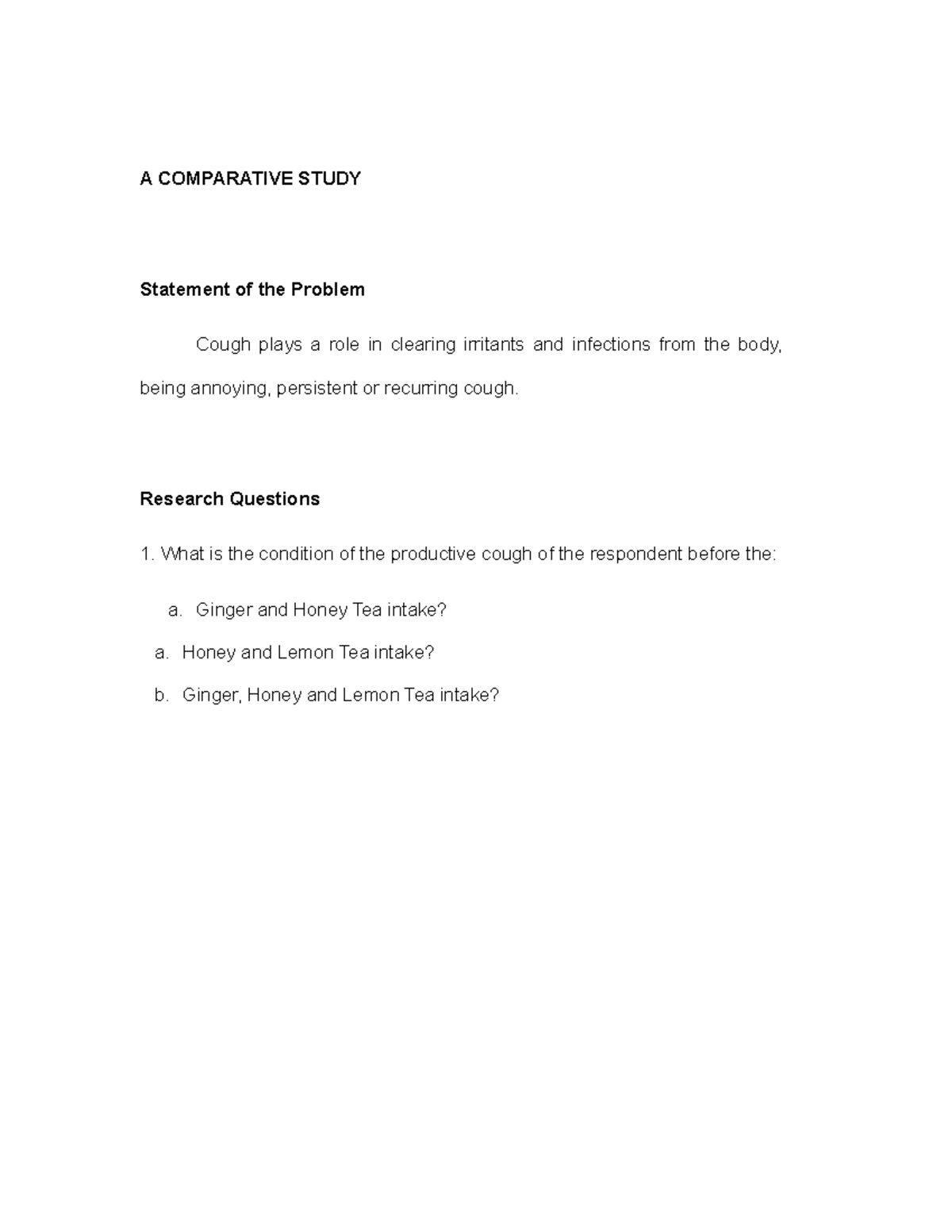 data for coughh - A COMPARATIVE STUDY Statement of the Problem Cough ...