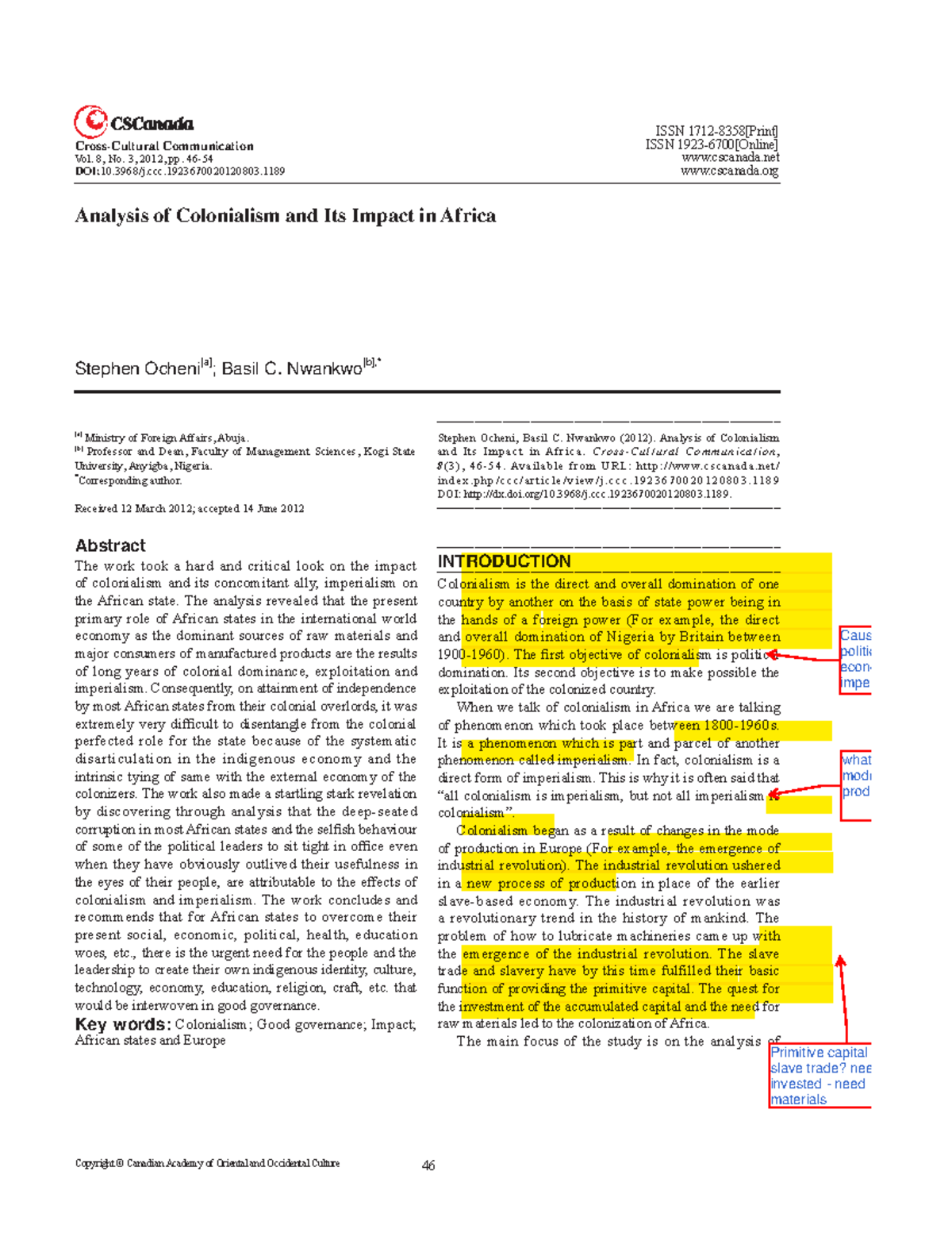 Analysis of Colonialism and Its Impact in Africa Ocheni and Nwankwo ...