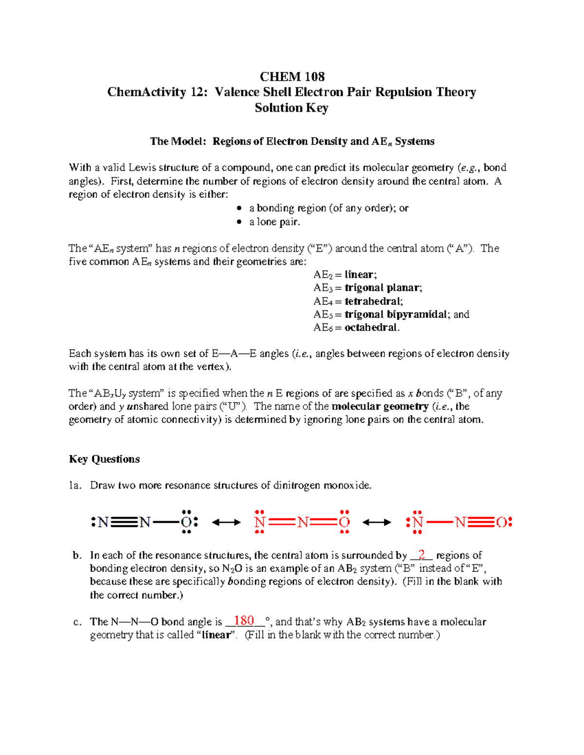 Valence shell electron pair repulsion theory - CHEM 108 ChemActivity 12: Valence Shell Electron ...