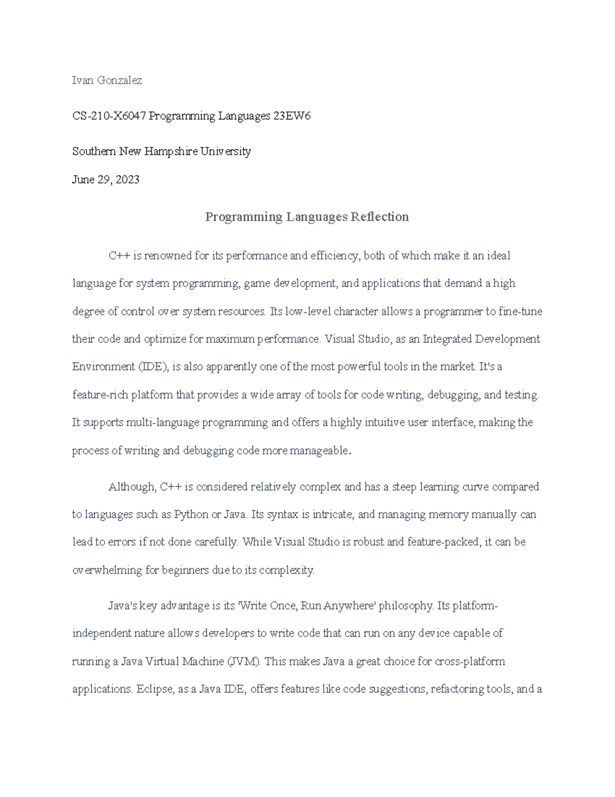 Programming Languages Reflection - Ivan Gonzalez CS-210-X6047 ...