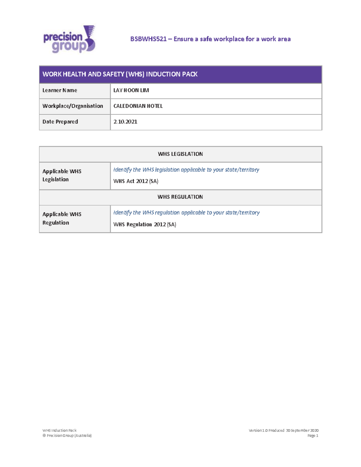 Bsbwhs 521 Template 4 WHS Induction Pack - BSBWHS521 – Ensure a safe ...