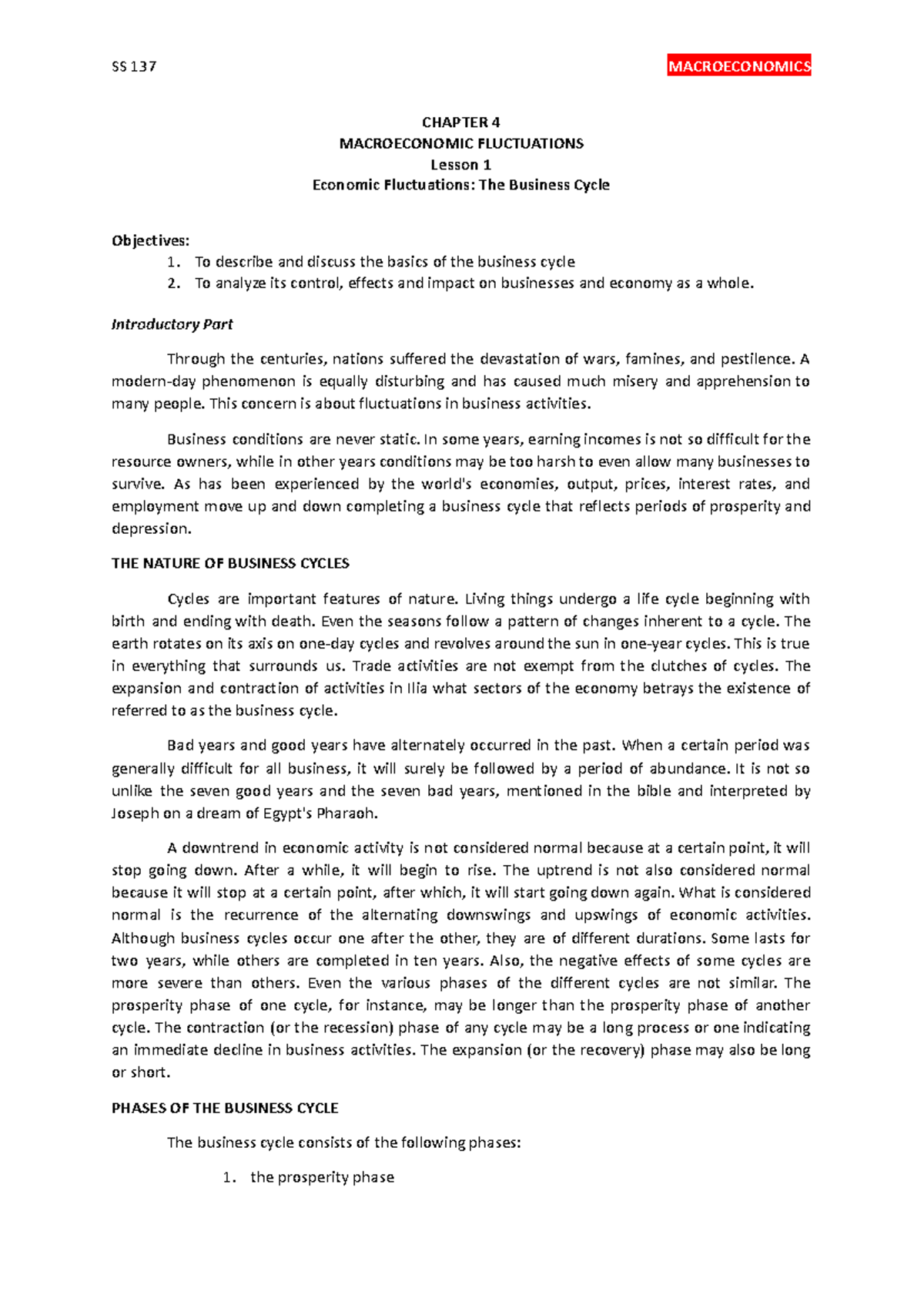 Lesson 1.4-Economic Fluctuations - CHAPTER 4 MACROECONOMIC FLUCTUATIONS ...