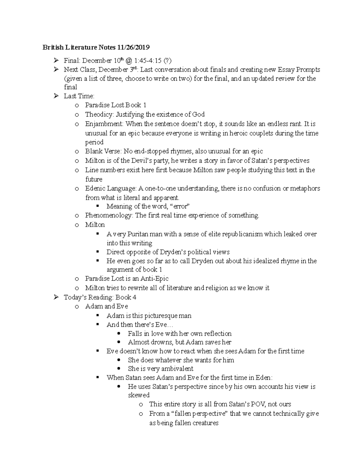 Brit Lit Notes Week 14 - British Literature Notes 11/26/ Final ...