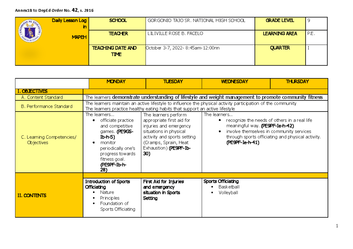 Q1 Grade 9 PE DLL Week 1 - For Class Observation - Daily Lesson Log in MAPEH SCHOOL GORGONIO ...