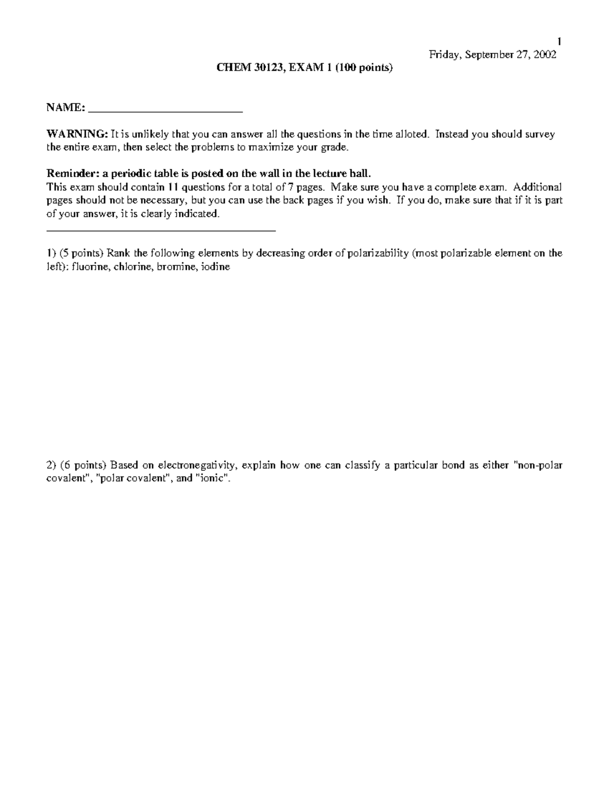 CHEM 30123 F02 Exams - Friday, September 27, 2002 CHEM 30123, EXAM 1 ...