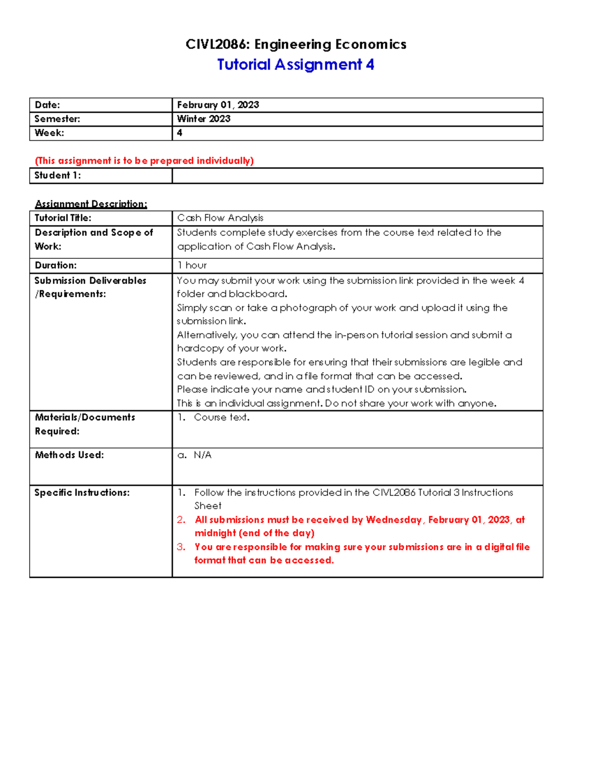 Tutorial Assignment 4-2 - CIVL2086: Engineering Economics Tutorial Assignment 4 Date: February ...