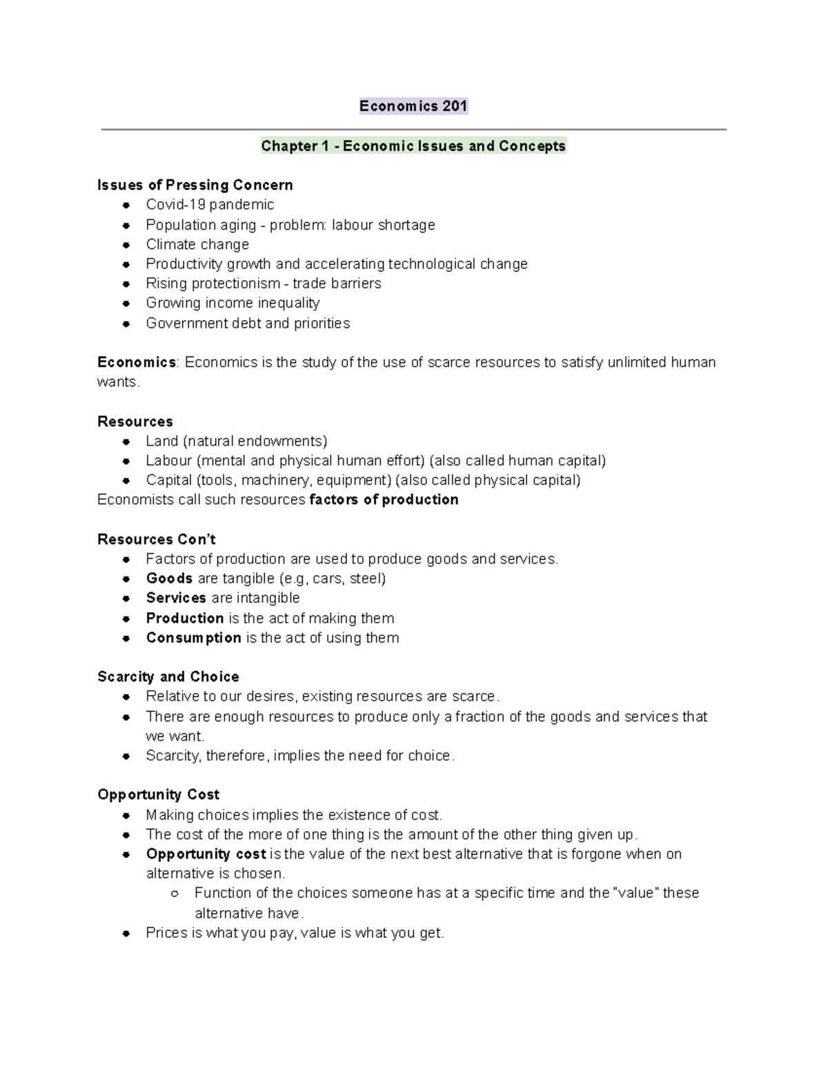 Econ 201 in class notes - Chapters 1-5 - Economics 201 Chapter 1 ...
