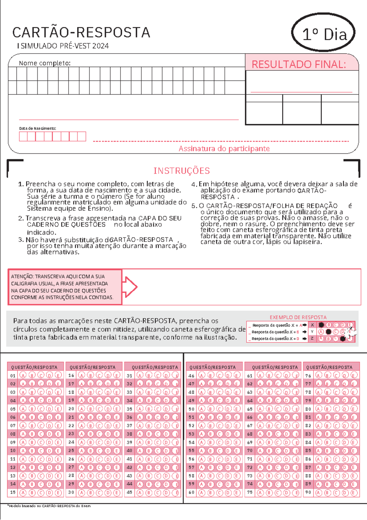 Cartão-resposta simulado - CARTÃO-RESPOSTA I SIMULADO PRÉ-VEST 2024 ...