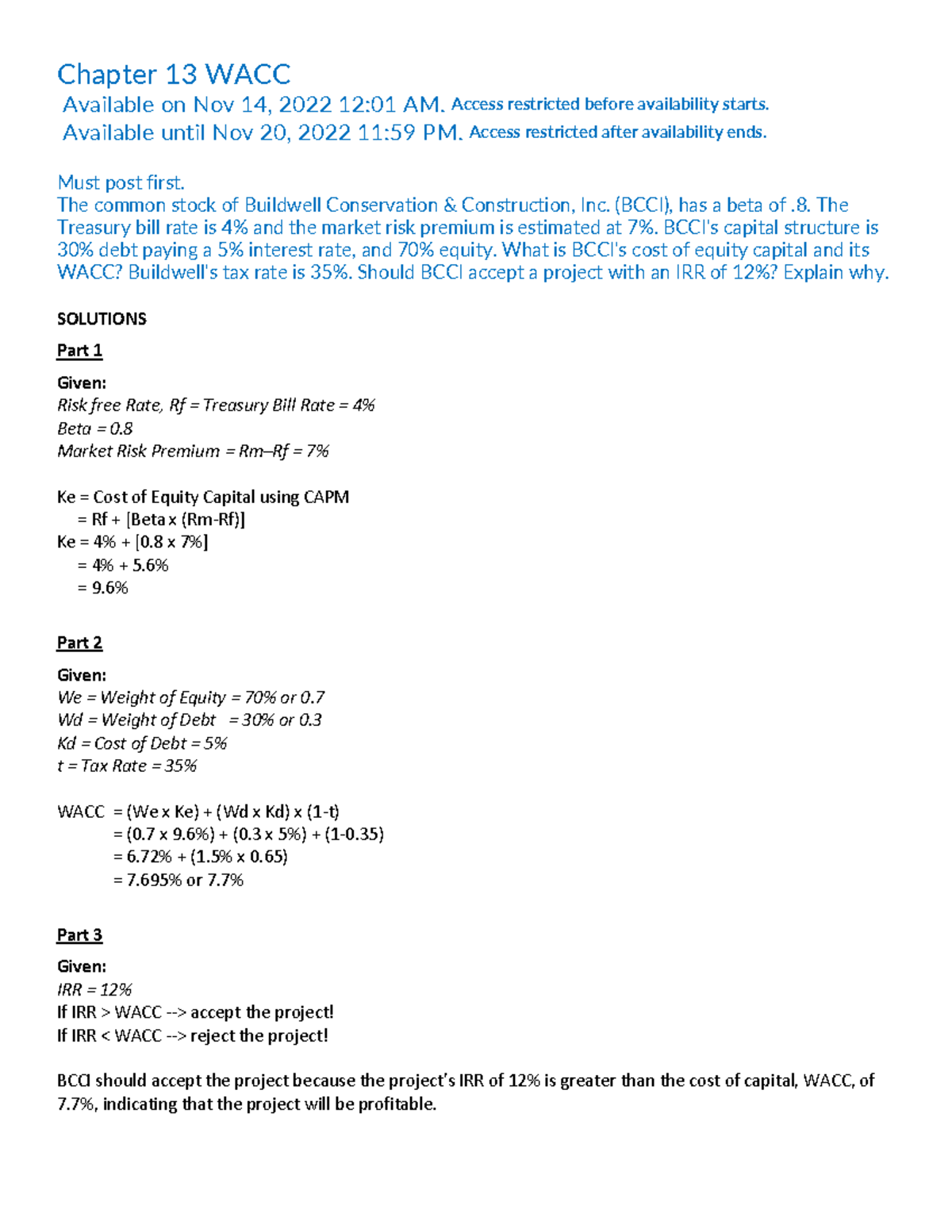 ACCT 702 Ch.13 Discussion on WACC - Chapter 13 WACC Available on Nov 14 ...
