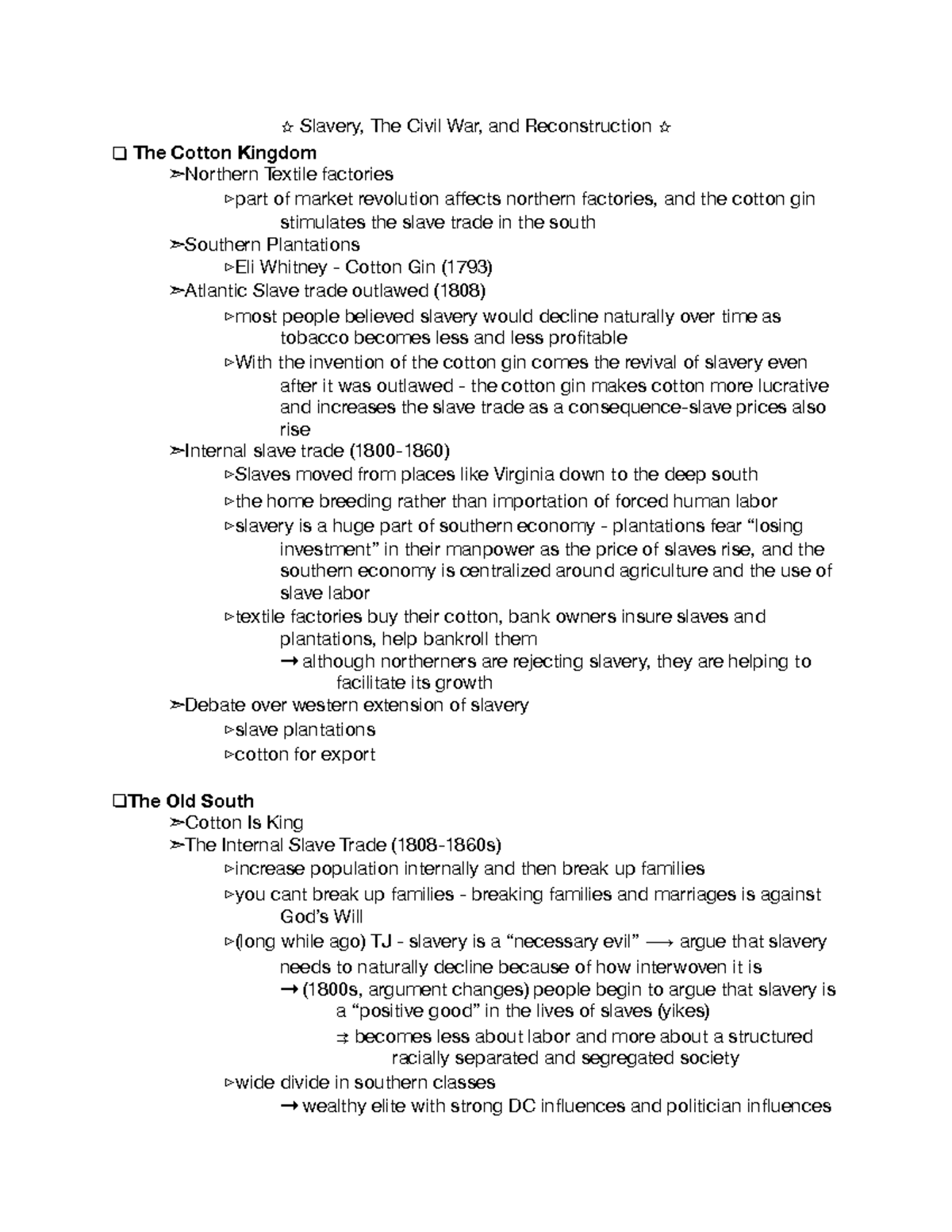 Hist Wk 5 Lecture Notes Wk 5 Slavery The Civil War And Reconstruction The Cotton Kingdom