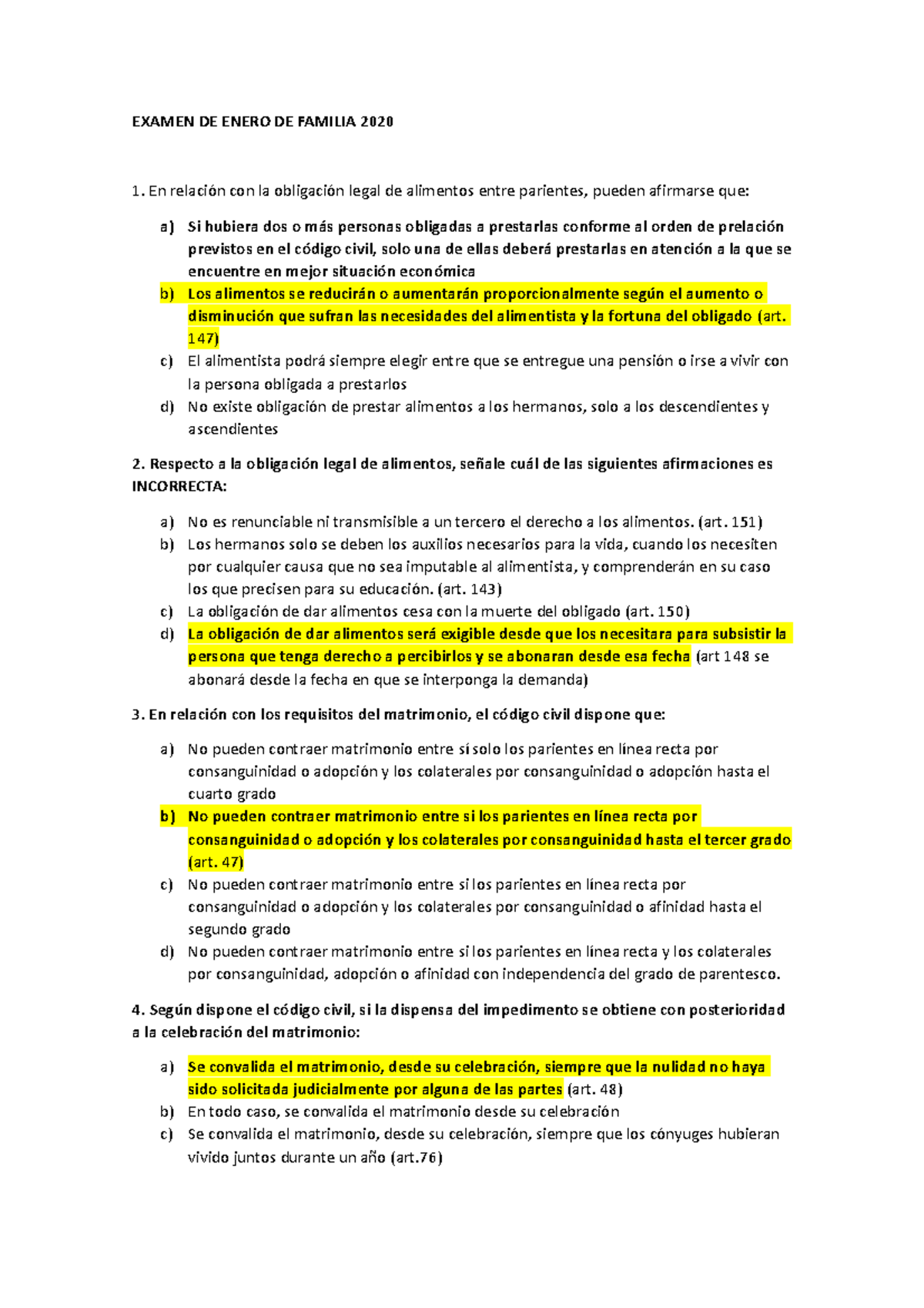 Examen DE Enero DE Familia 2020 - EXAMEN DE ENERO DE FAMILIA 2020 1. En relación con la ...